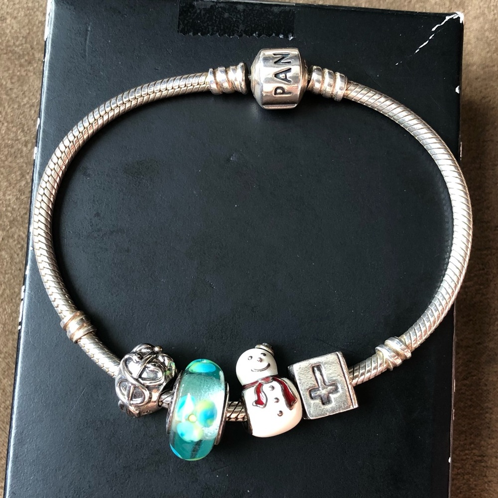 Authentic Pandora Snake Bracelet W/ 4 Charms Euc - Gem